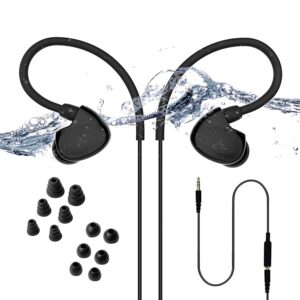 avantree secure fit underwater waterproof earbuds for swimming, wired sports headphones for gym running diving surfing, ipx7, short cord with over the ear hook and 6 pair soft earphones tips - tr509