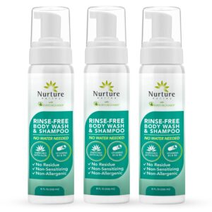 nurture rinse free body wash & shampoo w/aloe | hospital grade hair & body waterless cleansing foam | women, camping, elderly & hospital patients | shower bath & hand soap for sensitive skin