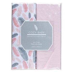 pink & feathers set of 2 crib sheets boho girls pink/gray