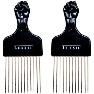 luxxii (2 pack) 6.75" black fist metal afro pick lift hair comb detangle wig braid hair man styling comb