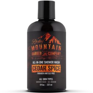 rocky mountain barber company cedar spice all-in-one body wash – shampoo, body wash, conditioner, face wash & beard wash with essential oils - 8 oz