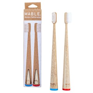 mable bamboo toothbrush, adult two pack, bpa-free soft bristle toothbrushes, eco-friendly, compostable natural wooden toothbrush