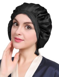 lilysilk 100% mulberry silk bonnet, 19 momme silk night sleep cap adjustable hair wrap for sleeping, black