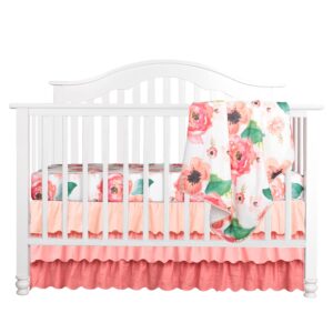 3 pcs set boho floral ruffle baby minky blanket, peach floral nursery crib skirt set baby girl crib bedding (coral)