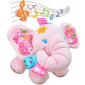 zocita baby musical elephant stuffed animal toy, bedtime stroller crib plush doll for infant toddler kids(pink)