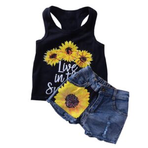 camidy 1-8t toddler girl sleeveless vest tops +floral denim shorts outfits set (2-3t, sunflower+denim)