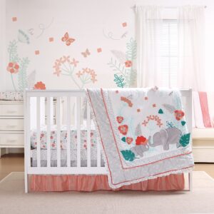 the peanutshell safari love baby crib bedding set for girls, 3-piece elephant, coral, grey and green | 100% cotton | crib comforter, fitted sheet, 3 tier crib skirt included