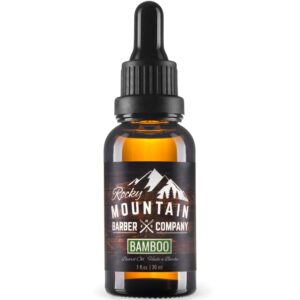 rocky mountain barber company men's bamboo beard oil with grapeseed oil, coconut oil, argan oil and bamboo scent