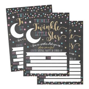 25 twinkle little star gender reveal baby shower party invitation cards gold and black he or she for gender neutral unisex invites guess if it's a boy or girl sprinkle fill in the blank printable pack