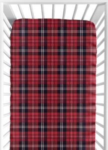 red and black woodland plaid flannel baby or toddler fitted crib sheet for rustic patch collection by sweet jojo designs