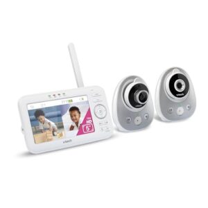 vtech vm352-2 5” digital video baby monitor with 2 cameras, wide-angle lens and standard lens, silver and white