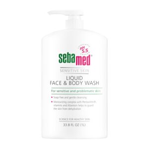 sebamed liquid face and body wash for sensitive skin ph 5.5 mild gentle hydrating cleanser hypoallergenic dermatologist recommended 33.8 fluid ounces (1 liter) for healthier smoother skin