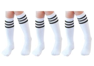 toconffon knee high tube socks for boys, girls, baby, toddler & child 3 pairs(black strips,13.5in/34cm(4-8years))