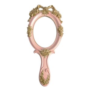 nerien handheld mirror vanity makeup mirror travel princess metal cosmetic mirror portable oval embossed rose mirrors decorative desk girl student vintage beautiful handle mirrors pink-3