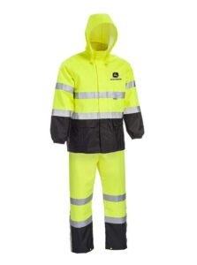 john deere unisex high visability ansi class iii rain suit jacket and bib with color block, high visability, water resistant, and reflective 3m tape, yellow, black, 2x-large (jd44530/2xl)