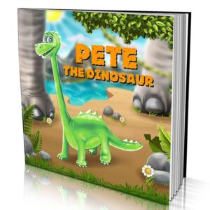 personalized story book by dinkleboo - the dinosaur - for kids aged 0 to 8 years old -a story about your child going on an adventure to find a new dinosaur friend. soft cover. 8"x8"