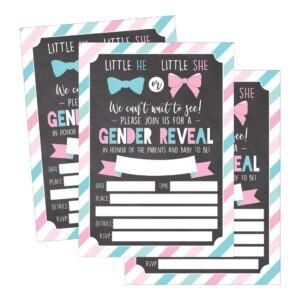 25 pink and blue gender reveal baby shower party invitation cards, he or she personalized for gender neutral unisex invites guess if it's a boy or girl sprinkle fill in the blank printable invite pack