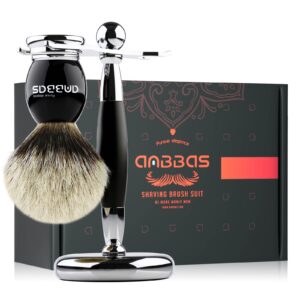 shaving brush and stand, anbbas silvertip badger hair brush set with stainless steel shaving stand for double edge safety razor straight razor,black resin alloy handle for men