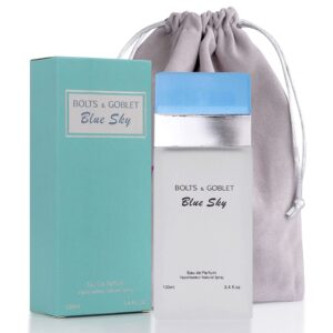 novoglow blue sky for women - aromatic scents with finest oils for men and women - enchanting fragrance with fruity, floral scent - 3.4oz bottle complete with shiny suede pouch