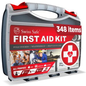 swiss safe 2-in-1 first aid kit for car, travel & home, businesses - bonus mini kit for medical emergency aid, survival, camping - fsa & hsa eligible - 348 pcs, large hardcase fak