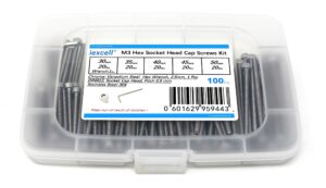 iexcell 100 pcs m3 x 30/35/40/45/50mm thread pitch 0.5 mm stainless steel 304 hex socket head cap screws bolts assortment kit