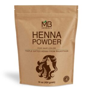 mb herbals 100% natural & pure henna powder 454 gram | 16 oz / 1.00 lb | for natural orange-red hair color | triple sifted | raw | non-radiated |100% pure rajasthan henna from marwar region