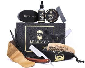 beard grooming kit for men 10 in 1 – best beard kit includes brush, oil, comb, balm, straight razor, sharpening strop, shaping tool, beard & mustache scissors & cotton bag for beard care