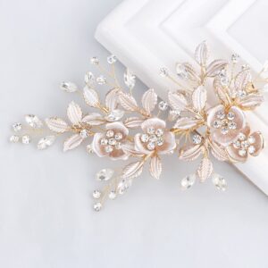 sweetv light rose gold wedding clip rhinestone bridal comb barrette - handmade flower clip head pieces for women