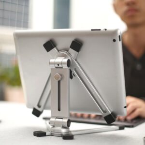 fuzadel portable fold-up travel stand aluminum, universal tablet stand holder foldable multi-angle adjustable stand for tablet/phone/notebook/tablet holder for surface notebook monitor stand