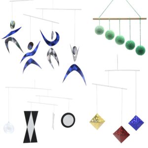 four classic montessori visual mobiles, munari (with plastic ball), octahedron, gobbi, dancers, optional gobbi colors, blue, green, pink (4 mobiles with green gobbi)