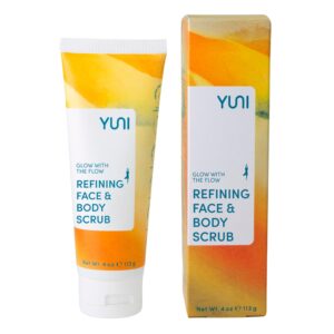 yuni beauty face & body scrub (4oz) glow with the flow exfoliating wash for glowing skin - exfoliate & energize - improve dry, dull skin - all natural, paraben-free, cruelty-free