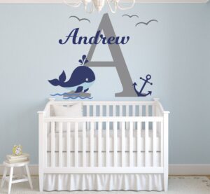 lovely decals world llc wall decals nautical personalized whale name art nursery decor mural sticker vinyl ld37 (28" w x 18" h)