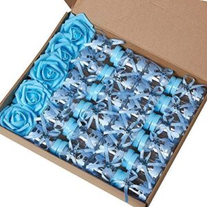 macting 2 dozens 3.5 inch feeding bottle candy box with 5 pcs artificial flower rose for guest gifts table centerpieces baby shower favor decorations(blue)