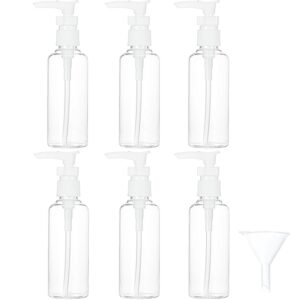 tecunite 6 pack small pump bottles clear travel bottle plastic empty spray dispenser hand lotion sanitizer refillable accessories set with small funnel for flight, airport, holiday(100 ml,white)