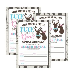 hadley designs 25 buck or doe deer gender reveal baby shower party invitation cards pink blue he she personalized for unisex invite guess if it's a boy or girl fill in the blank printable invite pack