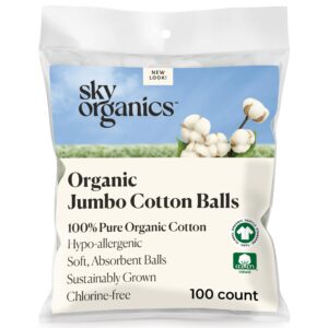 sky organics organic jumbo cotton balls for sensitive skin, 100% pure organic cotton sustainably grown, chlorine free, hypoallergenic, ultra-soft and absorbent for beauty,personal care, 100 ct