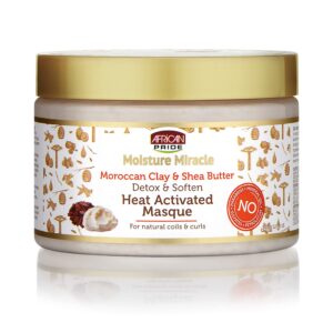 african pride moisture miracle moroccan clay & shea butter heat activated masque - for natural coils & curls, detoxes & softens, removes impurities & product build-up from hair 12 oz