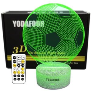 yodafoor soccer xmas birthday gift for teen kid, 3d illusion night light lamp for kids room, multi color changing with timing remote, soccer theme decor for boy girl bedroom