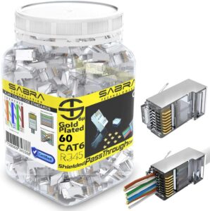 sabra technologies shielded rj45 cat6 cat 6a connectors gold plated cat6 pass through connectors 23awg cat6 shielded cat6/cat6a modular plugs ethernet ends (60 pcs)