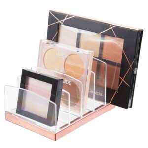 mdesign plastic makeup organizer for bathroom countertops, vanities, cabinets: cosmetics storage solution for - eyeshadow palettes, contour kits - 5 sections - lumiere collection - clear/rose gold