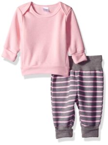 hanes baby-girls ultimate flexy adjustable fit jogger with sweatshirt layette set, light pink stripe, 12-18 months us