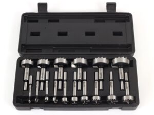 yonico 41160s forstner drill bit set 16 piece with case 3/8-inch shank hardwood and softwood hole drilling for handheld drill and drill press