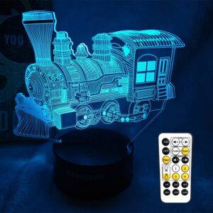 yodafoor steam train night light, 3d illusion lamp for kids, multicolor changing with timing remote control, toy train birthday christmas gifts for girls boys, bedroom train theme decor