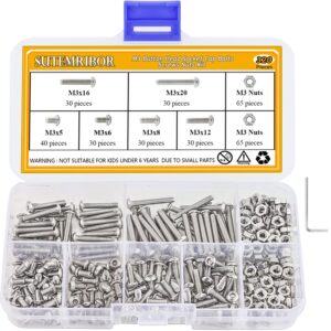 sutemribor 320 pieces m3 stainless steel button head hex socket head cap bolts screws nuts assortment kit + wrench