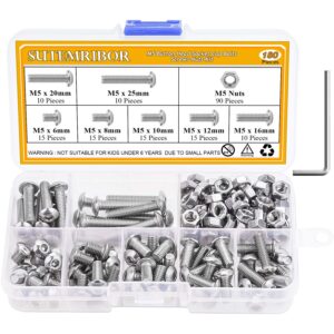 sutemribor 180pcs m5 stainless steel button head hex socket head cap bolts screws nuts assortment kit + wrench