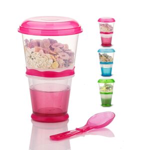 cereal to go, cereal container, cereal on the go go cereal box storage container cups milk yogurt keeper holder with spoon (pink)