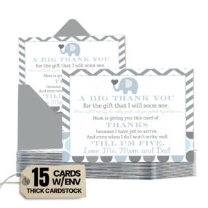 paper clever party blue elephant baby shower thank you cards with envelopes blank notes prefilled message boys personalize for registry gifts cute jungle animal set 4x6, 15 pack printed