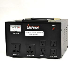 litefuze 5000 watt voltage converter transformer heavy duty regulator meter - step up/down - 110/120/220/240 volt - fully grounded cord - universal output sockets [5-years warranty] (lr-5000n)