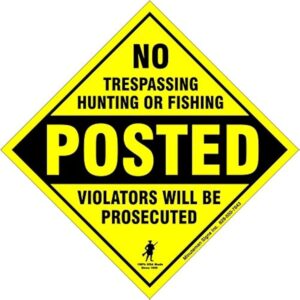 no trespassing, no hunting, no fishing, boundary marker, small, diamond, aluminum, yellow, 10 pack