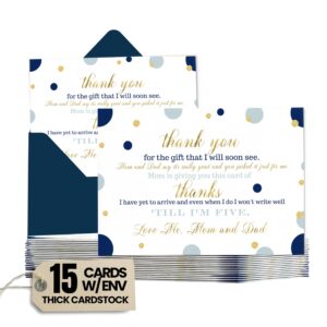 paper clever party navy and gold baby shower thank you cards with envelopes blank notes prefilled with message boys, personalize for registry gifts royal prince notecard set 4x6 stationery 15 pack